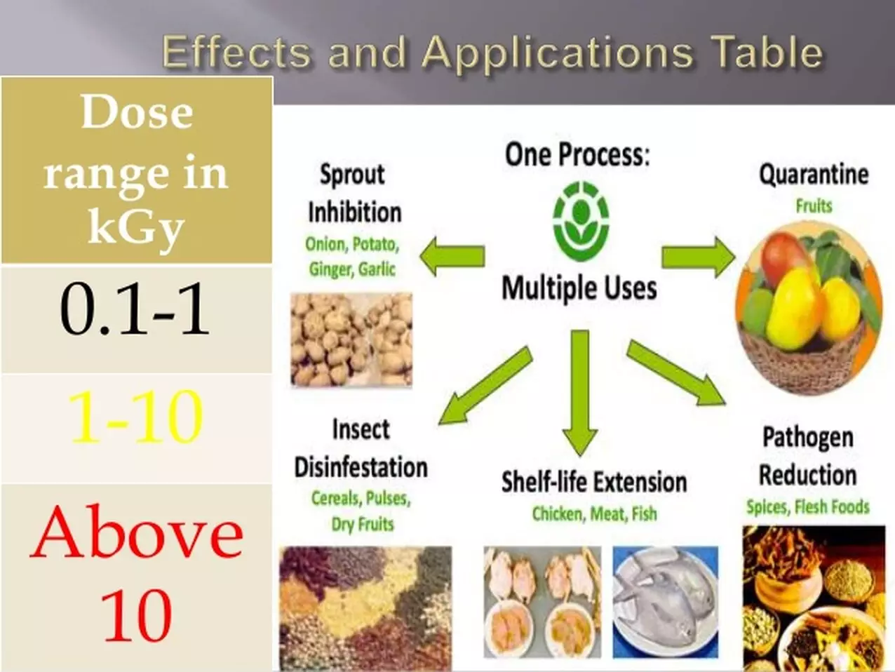 During the irradiation processing of food, pathogens such as salmonella or E. coli are destroyed. Irradiation is also deadly to bugs, which can hide in fruits exported from the tropics.