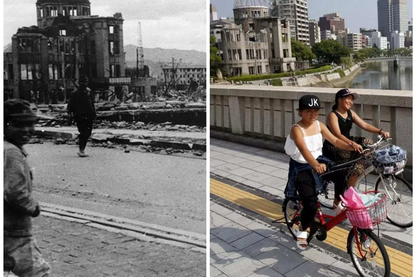 Skoðaðu myndir af Hiroshima með 70 ára millibili: frá hryllingi stríðsins til friðsæls himins