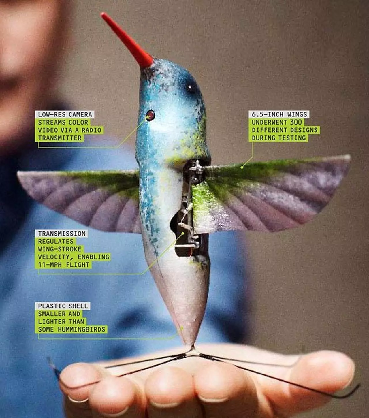 La kolibro-roboto estas projekto Nano Air Venture. Ĉi tiu eta birdsimila roboto kapablas flugi kaj flirti tra la aero, same kiel realaj kolibroj. Ĝi pezas nur 19 gramojn, inkluzive de kuirilaroj, videokamerao, motoroj kaj komunikadsistemoj. Por flugo, ĝi uzas ekskluzive flugilojn kun enverguro de 16 cm.