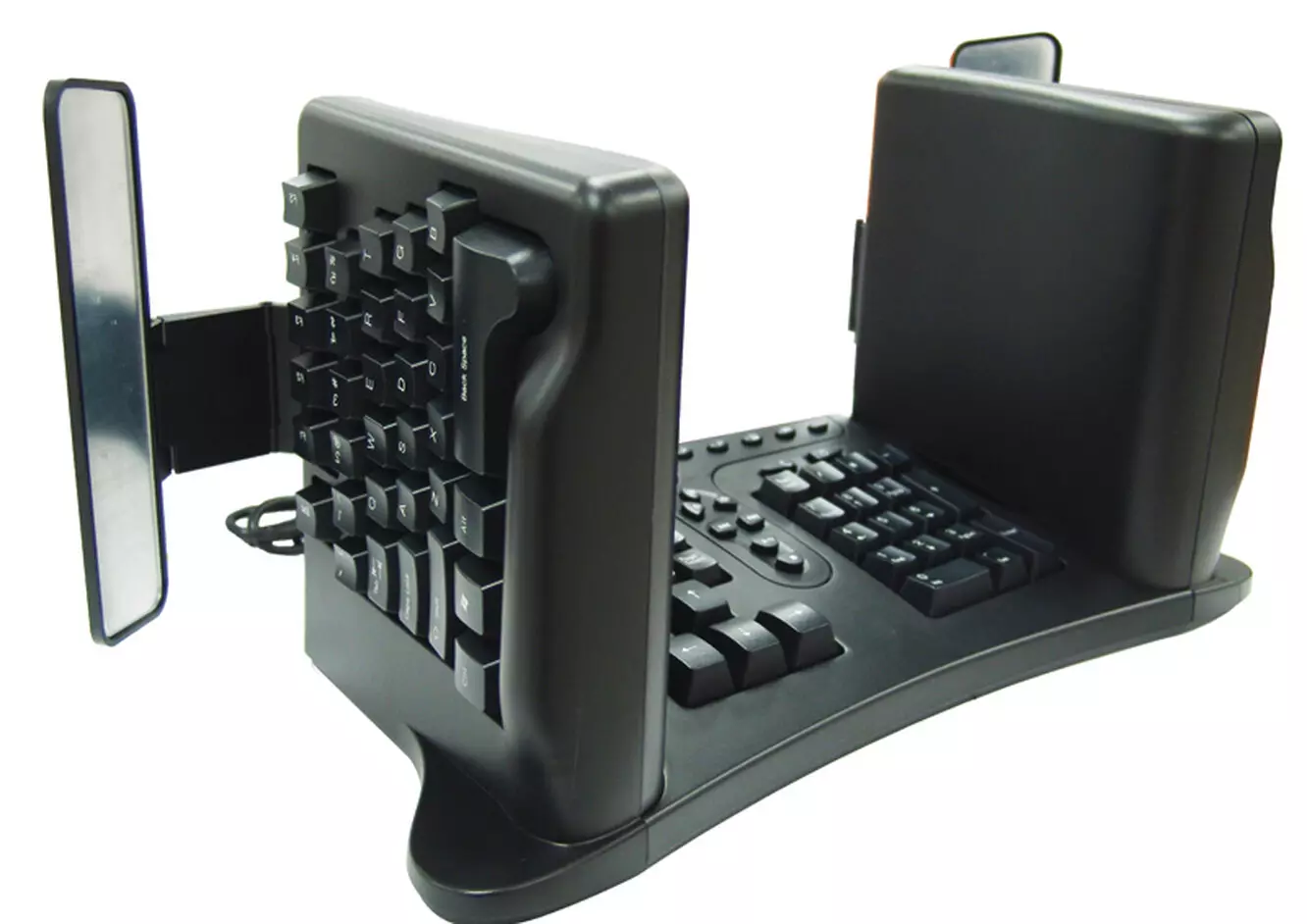 Keyboard by SafeType is designed for people who are tired of standard keyboards. Its keys are arranged vertically, giving the hands a more natural feel. Mirrors on both sides allow the user to see the keys even in this version. Despite the crazy look, this device lives up to its function.