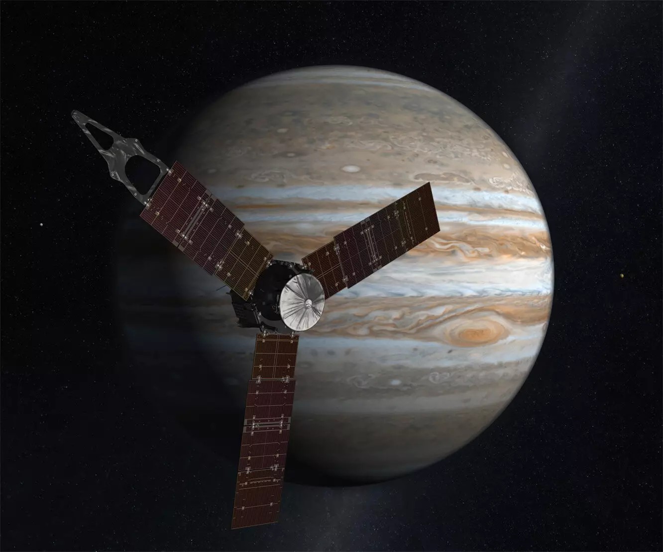 Juno. Seteishene sa Juno interplanetary se ile sa qalisoa ka 2011 'me se bakoa ke ho potoloha Jupiter ka 2016. E tla hlalosa leqhubu le lelelele le pota-potileng seqhenqha sa khase, ho bokella lintlha tse mabapi le sebopeho sa sepakapaka le matla a khoheli, hammoho le ho haha 'mapa oa moea. Juno ke sefofane sa pele sa NASA se sa sebeliseng mokokotlo oa plutonium, empa se na le liphanele tsa letsatsi.