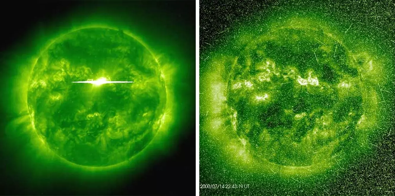 Zonnevlam op Bastille Day. Op 14 juli 2000 detecteerden satellieten een krachtige X5.7-klasse flare op het oppervlak van de zon. De uitstoot was zo sterk dat zelfs Voyager 1 en 2, die zich aan de rand van het zonnestelsel bevonden, het detecteerden. Over de hele aarde waren er onderbrekingen in de radiocommunicatie en mensen die over de polen van de planeet vlogen, ontvingen een dosis straling - gelukkig een relatief kleine.