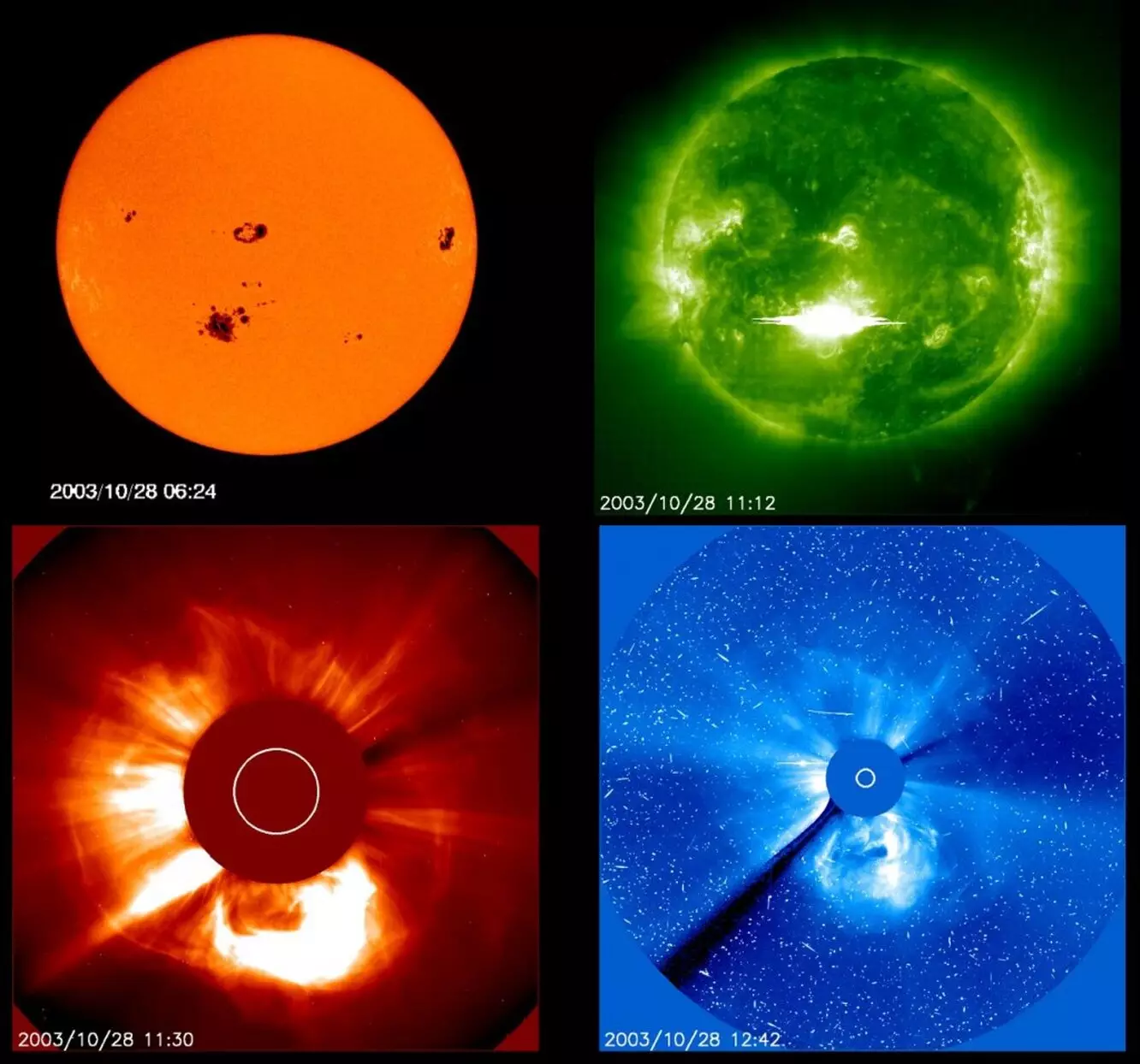 De Halloween-uitbarsting in oktober 2003 was een van de krachtigste zonnestormen van de X45-klasse ooit gemeten. Het miste meestal de aarde, maar CME's beschadigden een aantal satellieten en veroorzaakten storingen in telefoon- en mobiele communicatie.