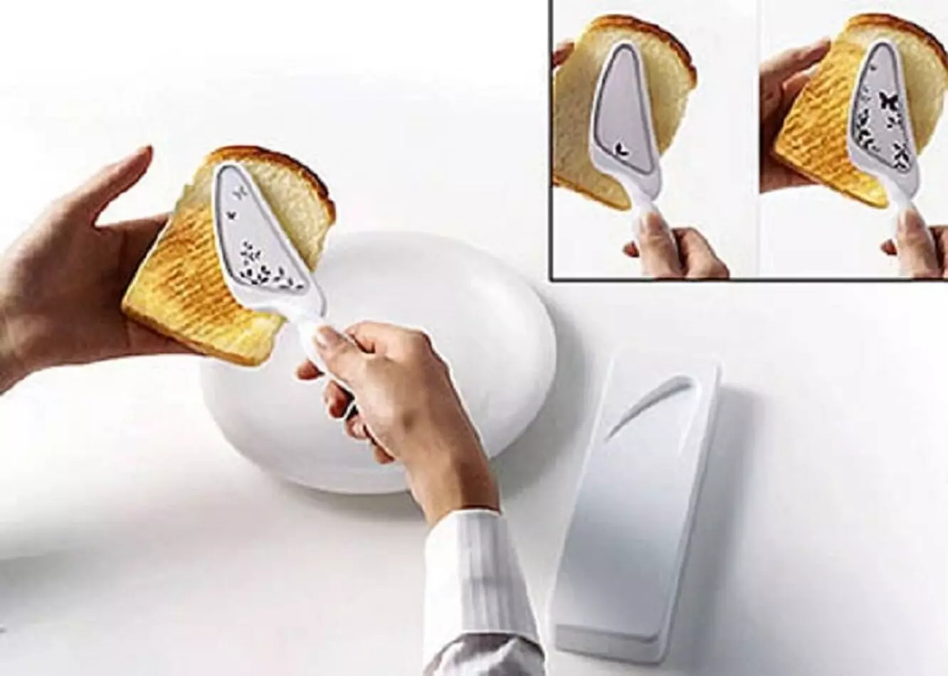 E portable Toaster ass eng wierklech genial Saach déi op d'Uewerfläch vun engem Messer passt. D'Blade vum Apparat erhëtzt a gläichméisseg toast d'Uewerfläch vum Toast.