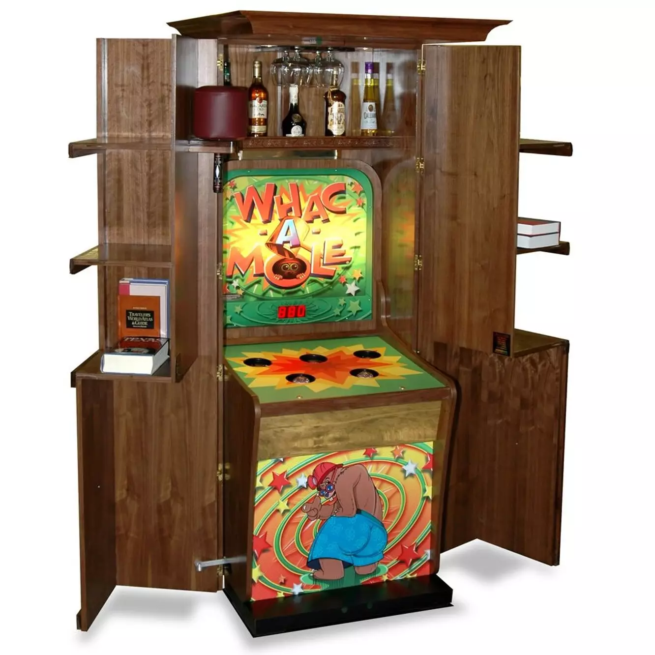 A bar with a built-in Whack-A-Mole arcade ($35,000) is hidden inside a fairly standard-looking sideboard. When you press the right button, it expands to reveal liquor and an arcade machine.