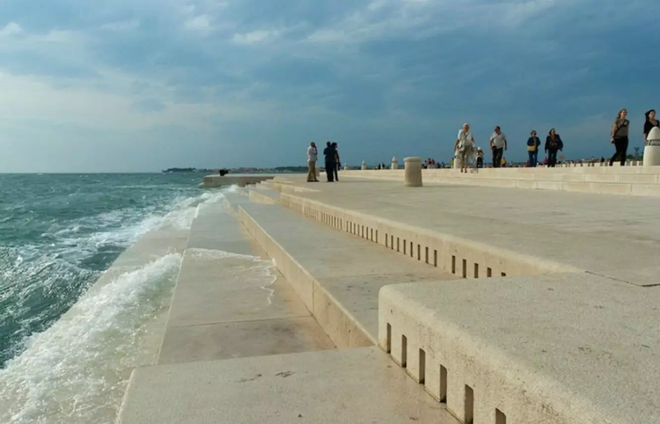 The Sea Organ is a unique architectural structure created by the Croatian architect Nikola Bašić in 2005 in the city of Zadar. It consists of 35 organ pipes under the steps of the city embankment, making sounds when sea water pushes air through them.