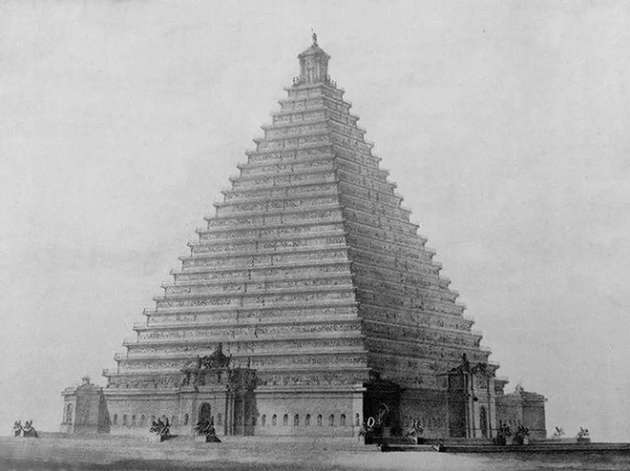 De piramide op Trafalgar Square, waarvan de hoogte 91 meter zou zijn, lijkt ofwel op een bizarre ziggurat rechtstreeks uit Meso-Amerika, of op een getrapte oostelijke pagode. Het project werd in 1815 voorgesteld.