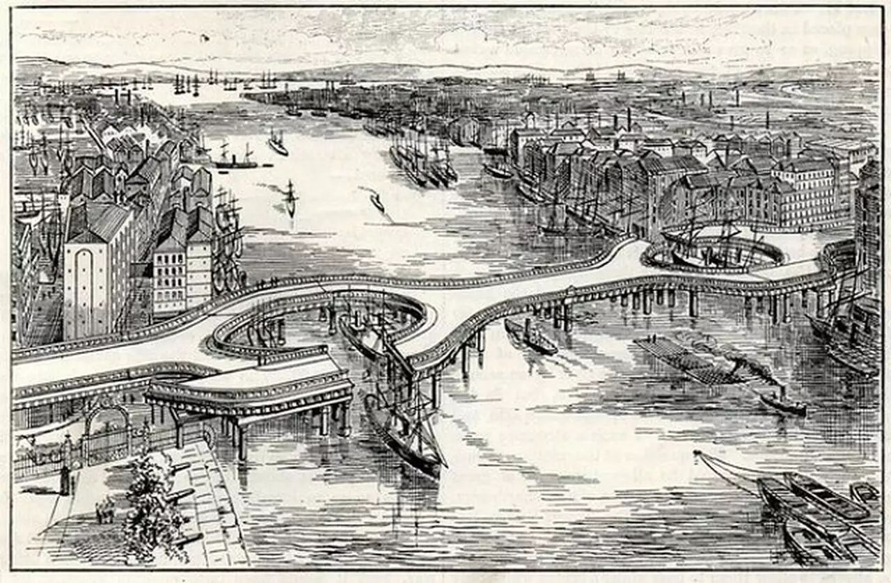 Het oorspronkelijke ontwerp van de Tower Bridge was behoorlijk complex: een schets uit 1886 van architect F.J. Palmer toont veel beweegbare constructies, dokken, een passagiersstation en meer. Dit zou een deel van de esthetiek wegnemen, maar nuttige functies aan de brug toevoegen.