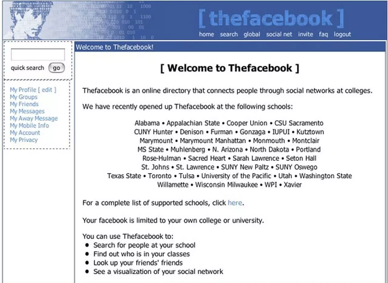 Facebook (Tora civakî wekî tundrew tê naskirin û li ser axa Federasyona Rûsyayê qedexe ye). Di 2004 de ji hêla Mark Zuckerberg ve hatî destpêkirin. Di destpêkê de - wek ku di vê wêneyê de jî tê pêşkêş kirin - Facebook (toreke civakî ya ku li Federasyona Rûsyayê wekî tundrew tê nas kirin û qedexe ye) tora navxweyî ya xwendekarên Harvardê bû ku ji bo parvekirin û nirxandina wêneyan hatibû armanc kirin. Dûv re ew li çend saziyên perwerdehiyê belav bû, û îro ew bi 1.23 mîlyar bikarhêneran mezintirîn tora civakî ya cîhanê ye.