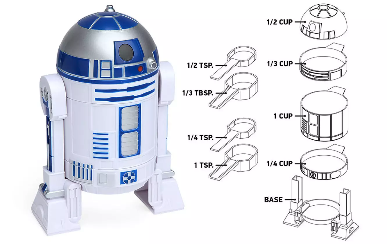 Measuring Cup Exclusive Star Wars R2-D2 Measuring Cup Set. Ang gadyet gibungkag ngadto sa 4 ka igsusukat nga sudlanan nga lainlain ang gidak-on ug 4 ka igsusukat nga kutsara.