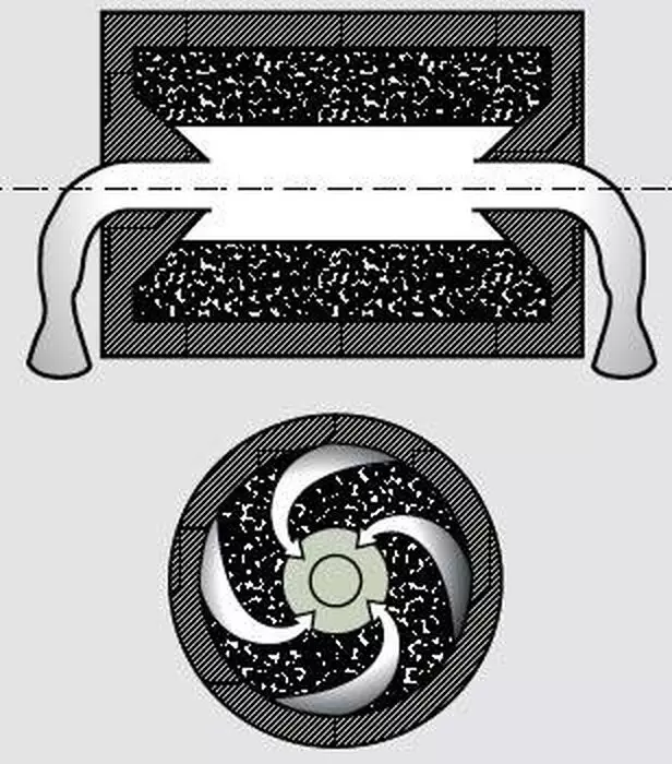 Scheme ng isang nuclear rocket engine na may centrifugal containment ng nuclear fuel. Ang ganitong mga kakaibang scheme ay nagbibigay-daan sa iyo upang makamit ang pinakamataas na pagganap. Halimbawa, ang isang fluidized bed reactor (itaas) ay may kinakalkula na tiyak na impulse na higit sa 1,000 s at isang working fluid na temperatura na 3,500 degrees, habang sa isang gas-phase reactor (kaliwa), ang uranium plasma ay nagpapainit ng gumaganang fluid sa isang kamangha-manghang 10,000 degrees at isang tiyak na salpok na 5,000 segundo