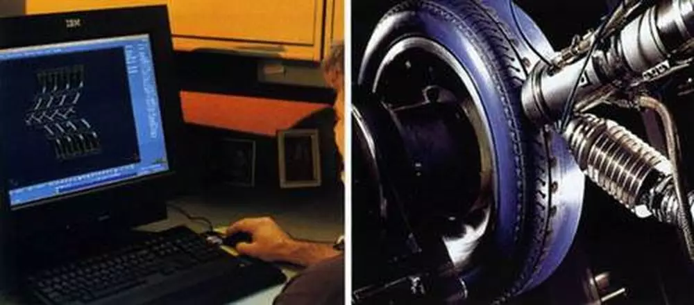 Prototype tires: the tread pattern on experimental tires is cut by an automatic machine on an ingot blank