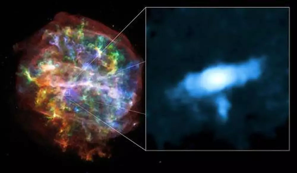 Pulsar a tsakiyar nebula: hoton na'urar hangen nesa na Chandra. Launuka daban-daban suna nuna rarraba abubuwan sinadaran: blue yayi daidai da silicon da sulfur, kore zuwa manganese, orange zuwa oxygen