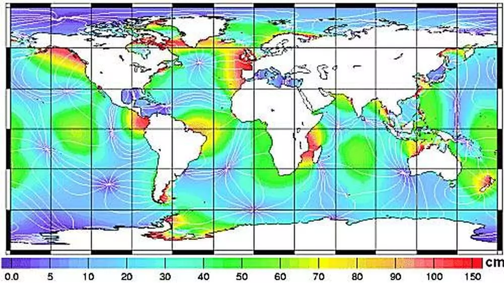 Nível da maré em diferentes regiões da Terra (quanto mais próximo do vermelho - mais alto)