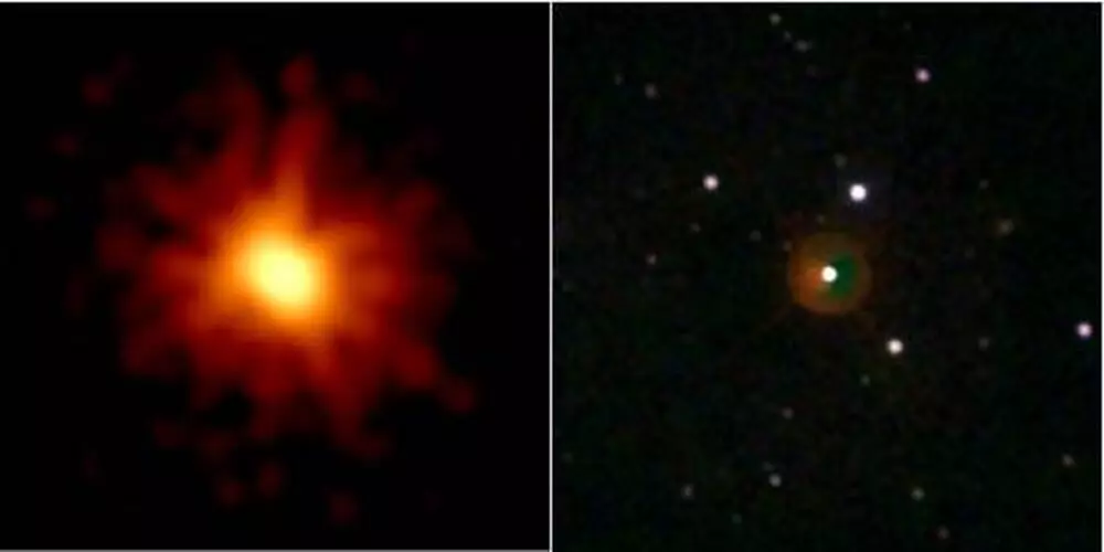 GRB 080319B gamma-ray burst, kinuha ng X-ray (kaliwa) at optical telescope sakay ng Swift mission