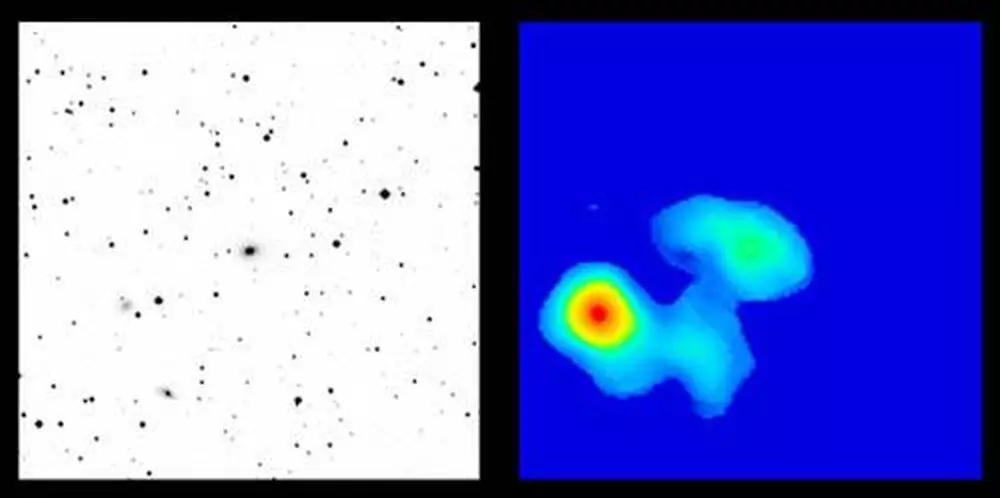 Galaxispár az optikai (bal) és a rádiós (jobb) tartományban. Az utóbbiban gázáramok láthatók, amelyek egyik galaxisból a másikba rohannak – amit még nem láttak.