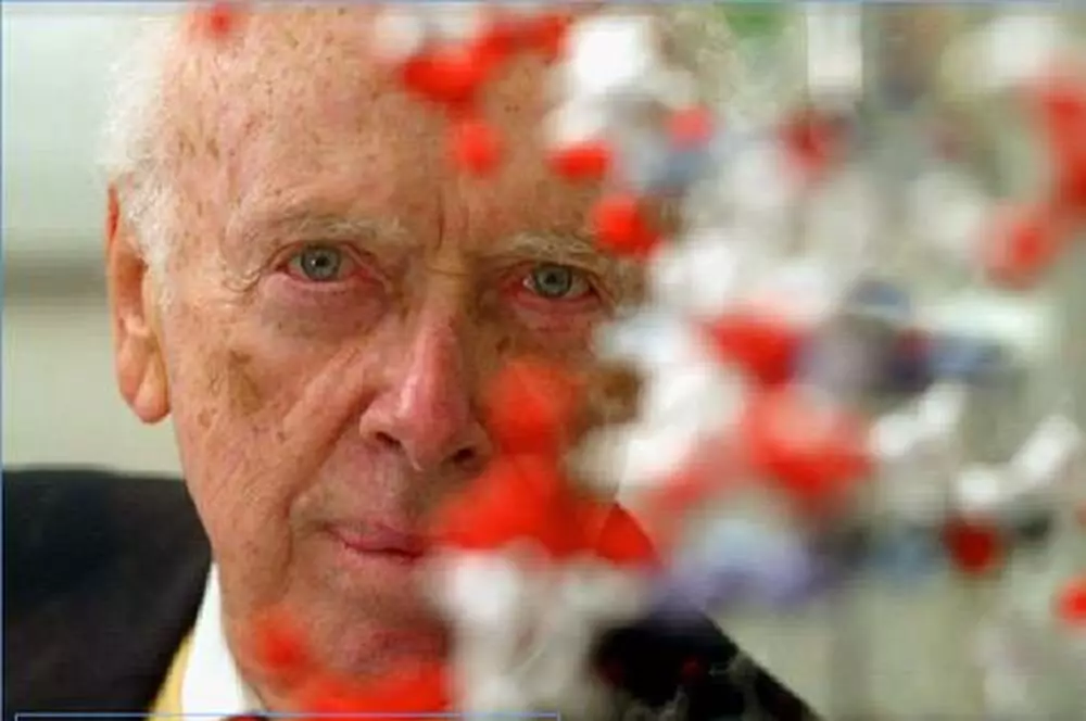 Livets hemlighet En av författarna till en annan viktig upptäckt på 1900-talet, den amerikanske genetikern och biofysikern James Watson, poserar mot bakgrunden av DNA-dubbelhelixmodellen, vars struktur han upptäckte tillsammans med Francis Crick 1953. För detta tilldelades de Nobelpriset i fysiologi eller medicin 1962.