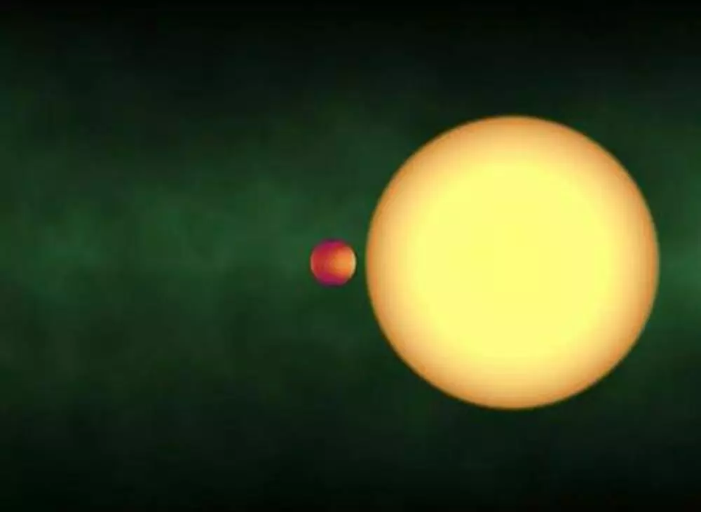 HD 189733b နှင့် ၎င်း၏ကြယ်ပွင့် HD 189733 ကို အနုပညာရှင်တစ်ဦးမှ မြင်တွေ့ရသည်။ ဂြိုဟ်သည် ကျွန်ုပ်တို့၏ ကြာသပတေးဂြိုဟ်နှင့် အတိအကျနီးပါး တူညီပြီး ၎င်း၏ထုထည်နှင့် အချင်းမှာ 1.15 ဂျူပီတာ ဖြစ်သည်။