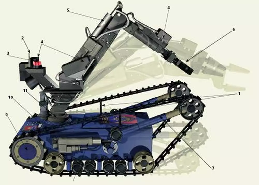 Zariadenie MRK-25UT 1. Anténa riadiaceho kanálu. 2. Anténa s video kanálom. 3. Signálny maják. 4. Čiernobiele televízne kamery. 5. Mechanizmus zmeny geometrie manipulátora. 6. Uchopenie manipulátora. 7. Mechanický (pružinový) napínač pásu. 8. Mechanizmus zmeny geometrie podvozku 9. Motor-reťazové koleso. 10. Servisné konektory. 11. Gramofón.