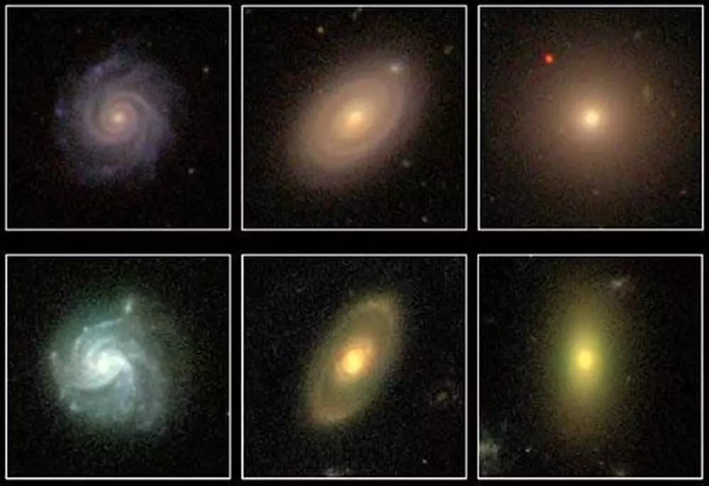 Di luhur aya tilu galaksi anu diidentipikasi ku proyék Galaxy Zoo, di handap aya galaksi anu kapanggih ku STAGES. Di kénca aya galaksi spiral anu khas, di katuhu aya galaksi elips, sareng wawakil kelas transisi katingali di tengah.