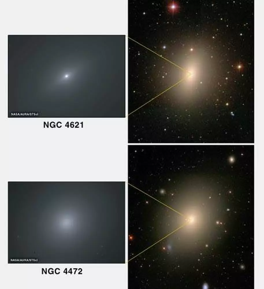 З вялікай адлегласці эліптычныя галактыкі NGC 4621 і NGC 4472 выглядаюць амаль аднолькава. Але пры вялікім павелічэнні (злева) цэнтры іх становяцца зусім рознымі. Цэнтр NGC 4621 – яркая «кропка», выпраменьванне цэнтра NGC 4472 слабейшае і размазана: мноства зорак было выкінута за яго межы пасля сутыкнення і зліцця з іншай галактыкай, пад уплывам пары звышмасіўных чорных дзюр