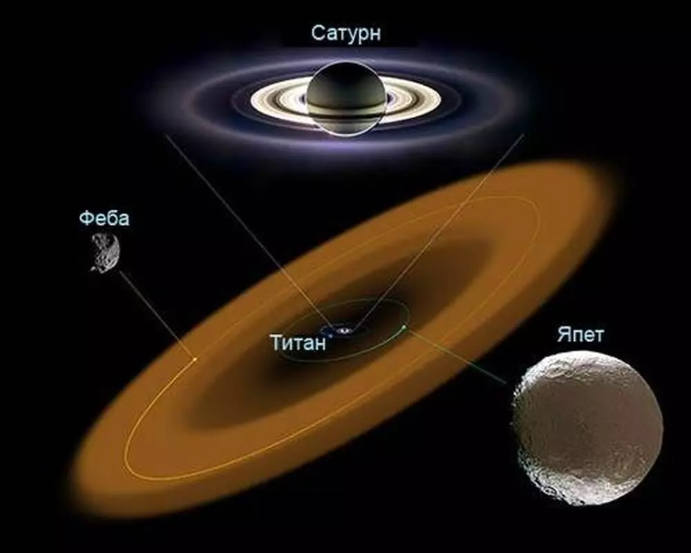 リングの大きさと土星の衛星の軌道を比べてみてください。その直径は惑星自体の 300 倍、厚さは 20 倍です。