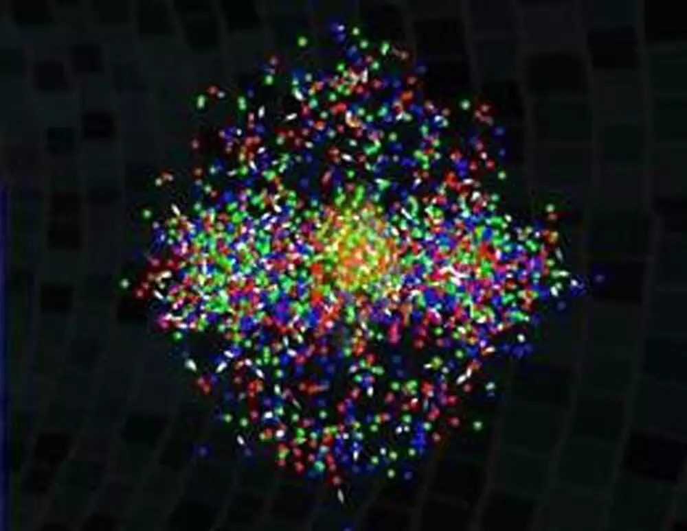 Simulación por computadora de la colisión de un par de iones de oro. Por cierto, la antimateria es lo más caro de la Tierra. La producción de 1 mg de positrones costará 25 millones de dólares