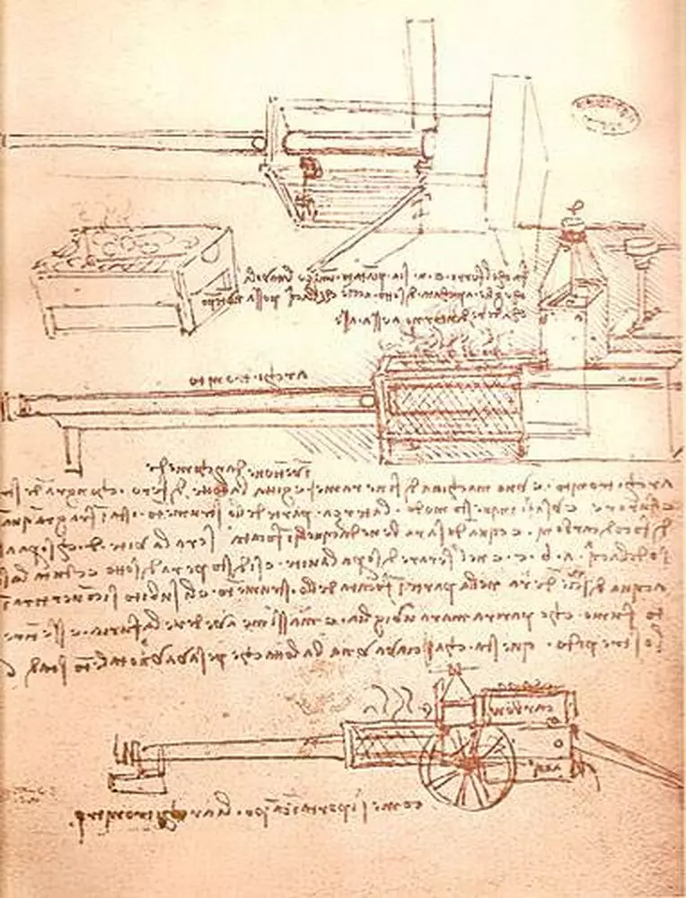 A cikin bayanan babban da Vinci, an jaddada cewa ra'ayin bindigar tururi nasa ne na Archimedes. Leonardo ya rubuta cewa irin wannan bindigar na iya harba makamin mai nauyin kilogiram 40 a nesa har zuwa mita 800. Tabbas, raka'o'in ma'auni a cikin rubutun sun bambanta.