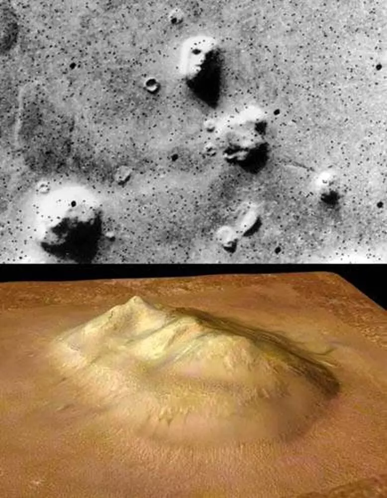 "화성의 얼굴"은 Cydonia 지역의 산 중 하나입니다. 같은 산을 3D 관점에서 보여주는 Viking 1 탐사선의 '센세이셔널' 이미지