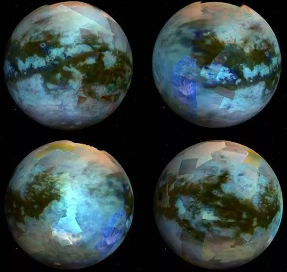 Slika površine Titana snimljena spektrometrom sonde Cassini VIMS: razlika u sastavu ogleda se u malim razlikama u nijansi