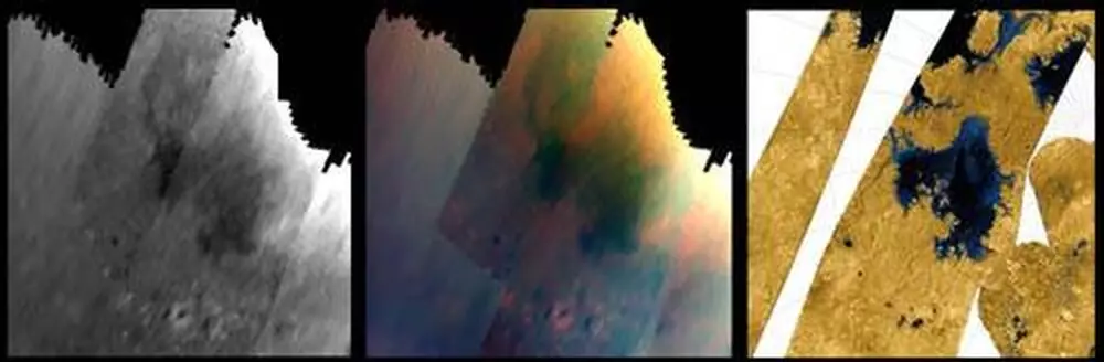 VIMS స్పెక్ట్రోమీటర్ (ఎడమ మరియు మధ్య) మరియు RADAR (కుడి) ద్వారా తీసిన టైటాన్ ఉత్తర అర్ధగోళంలోని సముద్రాల చిత్రాలు