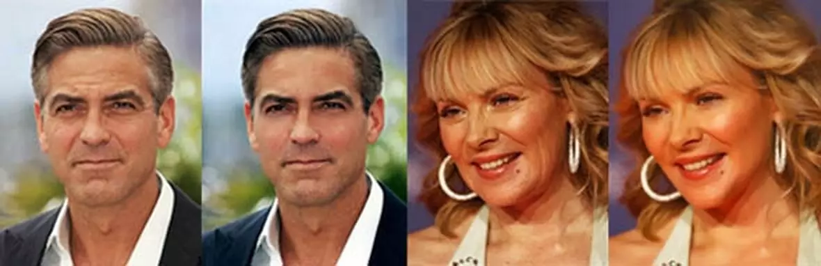 « Avant et après » : des portraits de George Clooney et Kim Cattrall montrent le résultat d'un traitement numérique. Comme on le sait, ce sont encore des fleurs...