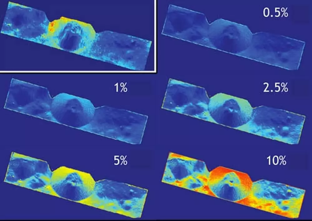 Lijevo u kutu je slika opažanja radara LRO sonde. Izračunati uzorci također su dani za slučajeve s različitim sadržajem leda.