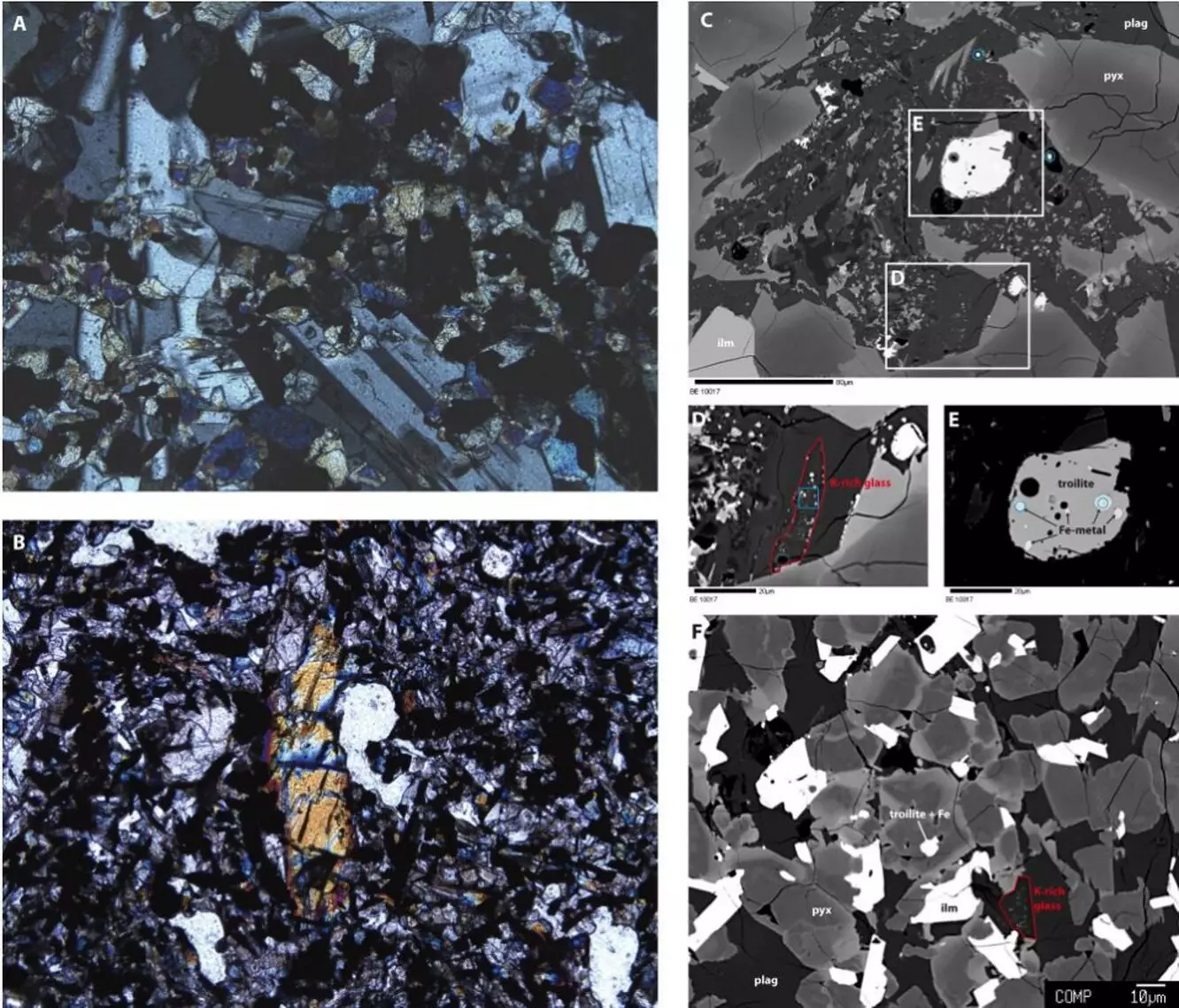 Cov duab ntawm lunar av kuaj Cov Crystals ntawm plagioclase, pyroxene thiab ilmenite pom.