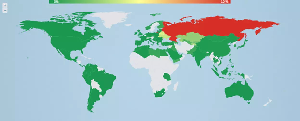 Geografi af Qhost distribution. Rusland er den mest sårbare region