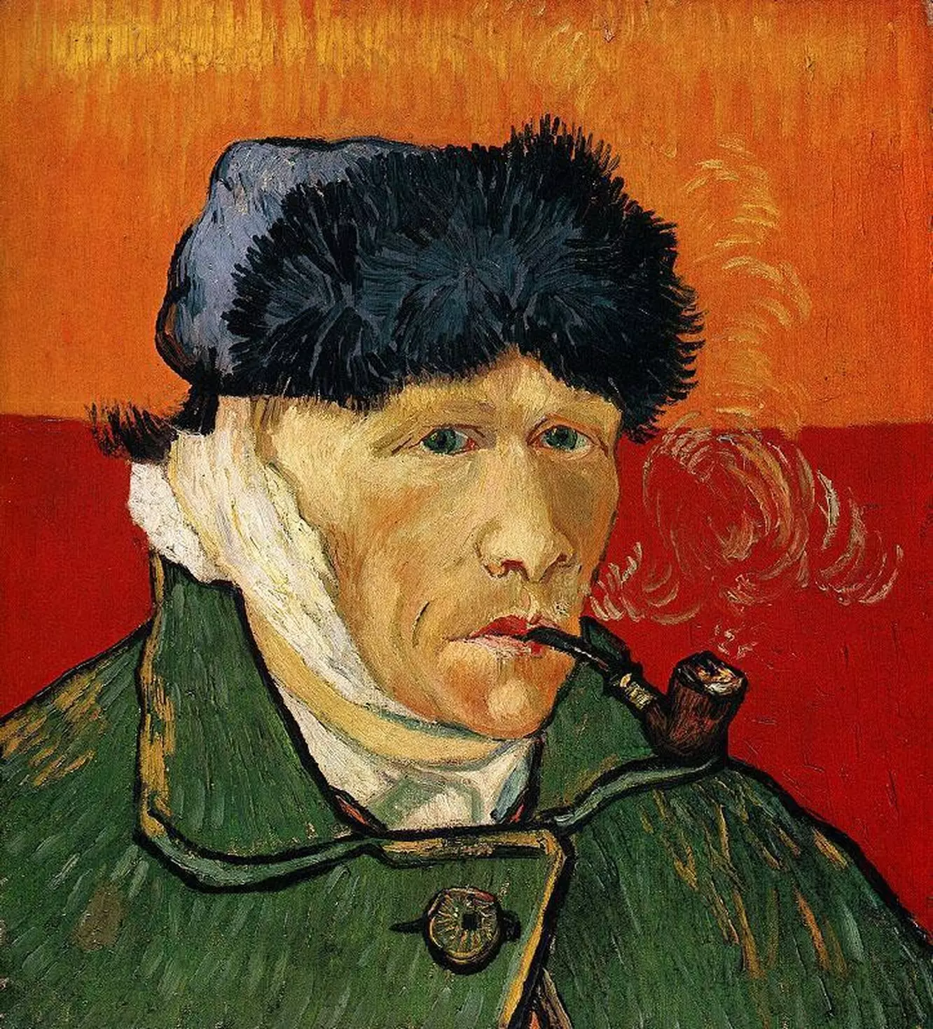 Vincent Van Gogh. Hoton kai tare da kunnen bandeji da bututu, 1889