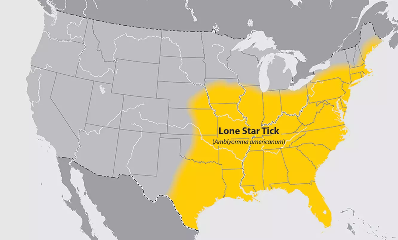 Mapa sa distribusyon sa tik sa Estados Unidos.