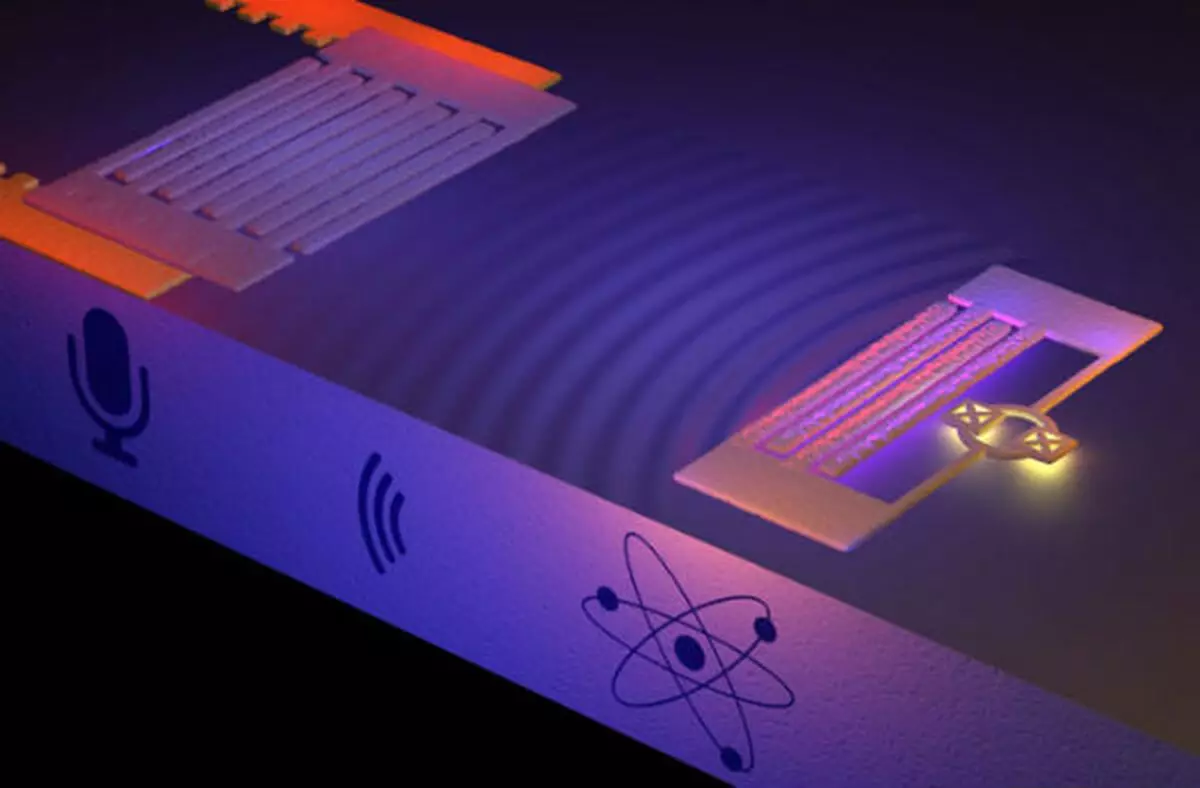 یک اتم مصنوعی (سمت راست) امواج صوتی تولید می کند که توسط میکروفون (سمت چپ) گرفته می شود.