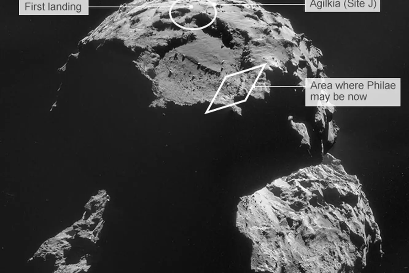 Philae je v senci skale, zato njegove sončne celice ne delujejo.