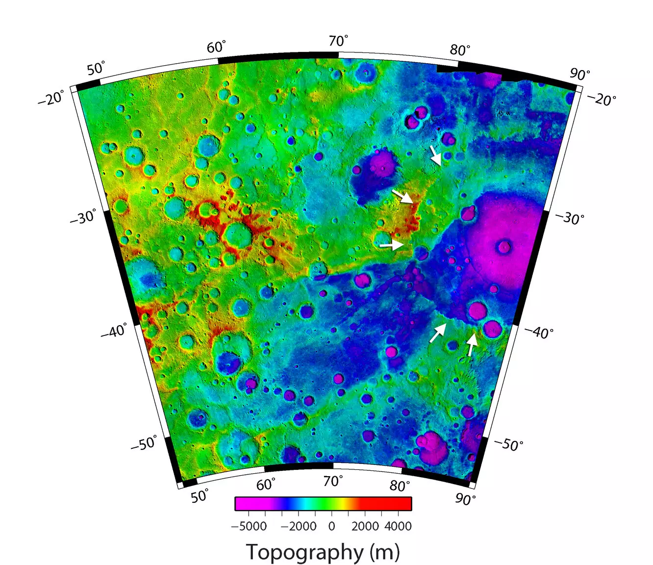 Il-Wied il-Kbir ta’ Merkurju fuq il-mappa topografika huwa mmarkat bil-blu skur