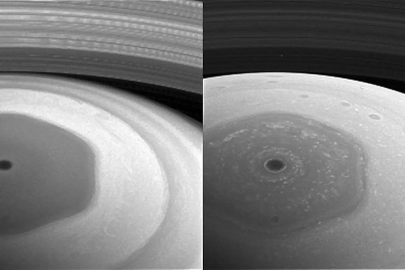 Foto av Saturnus och en hexagonal storm från ett minimum avstånd