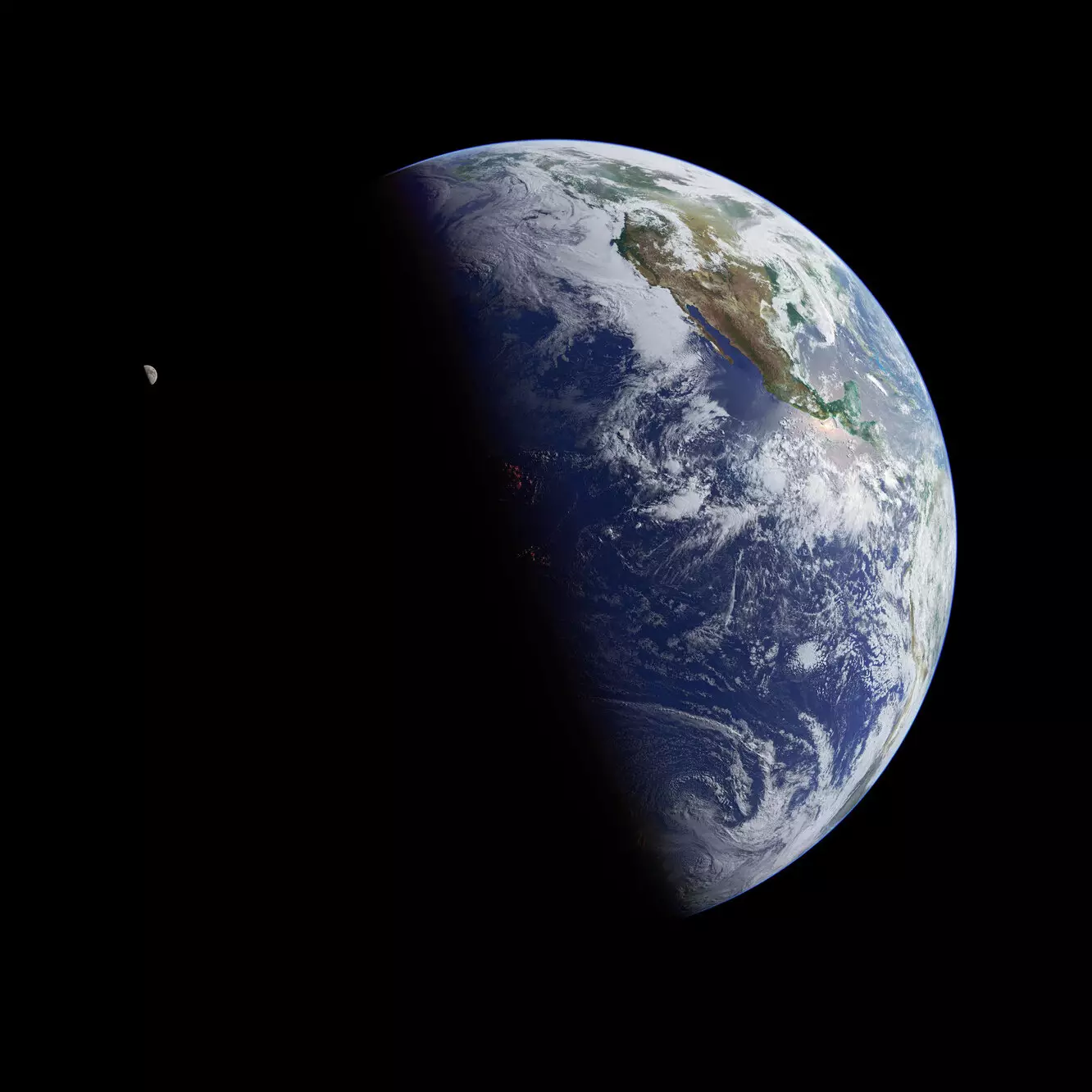 Terra e Lua. Esta imagem, tirada por um satélite geoestacionário sobrevoando o Oceano Pacífico, capturou a Terra e seu satélite no quadro. No meio do oceano, nuvens altas brilham em vermelho - são reflexos do sol nascente.