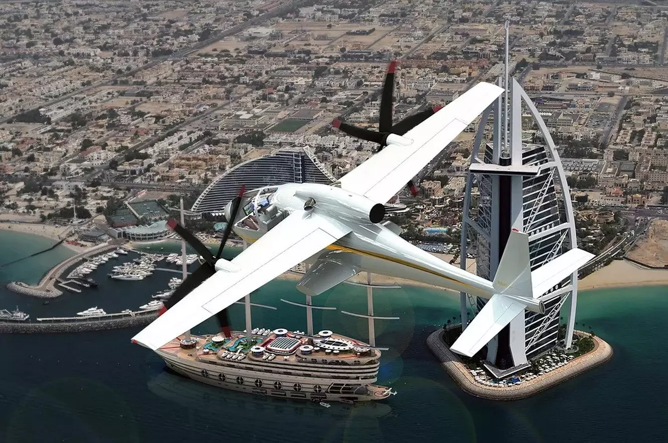 Konsep pesawat terbang yang terbang di atas lingkungan perkotaan