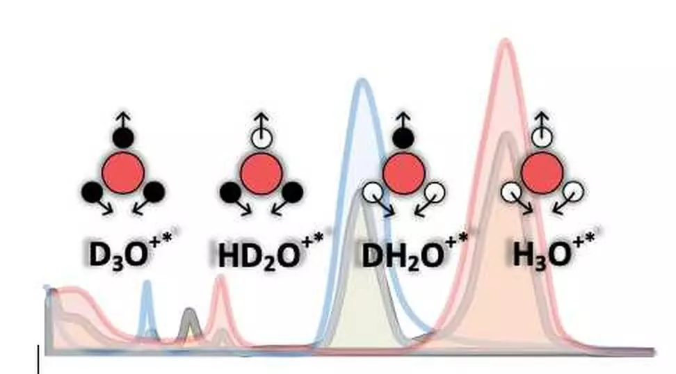 Spettri infrarossi di acqua leggera (rossa), pesante (blu), semipesante (grigia) e particelle ioniche studiate in questo lavoro