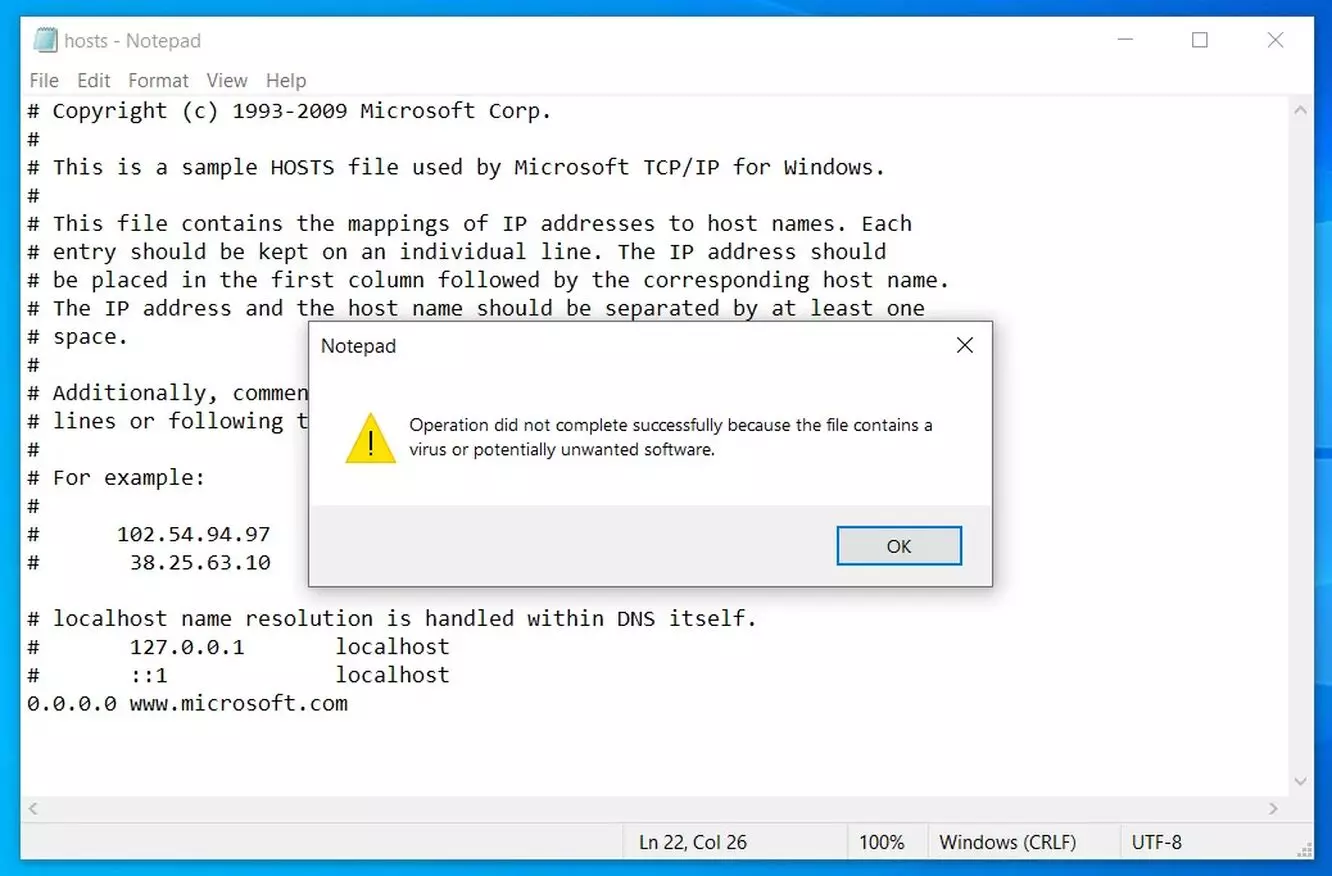 По следното ажурирање на Windows, стана невозможно да се уреди датотеката на домаќините, која често се користеше за да се забрани испраќање телеметрија на серверите на Microsoft
