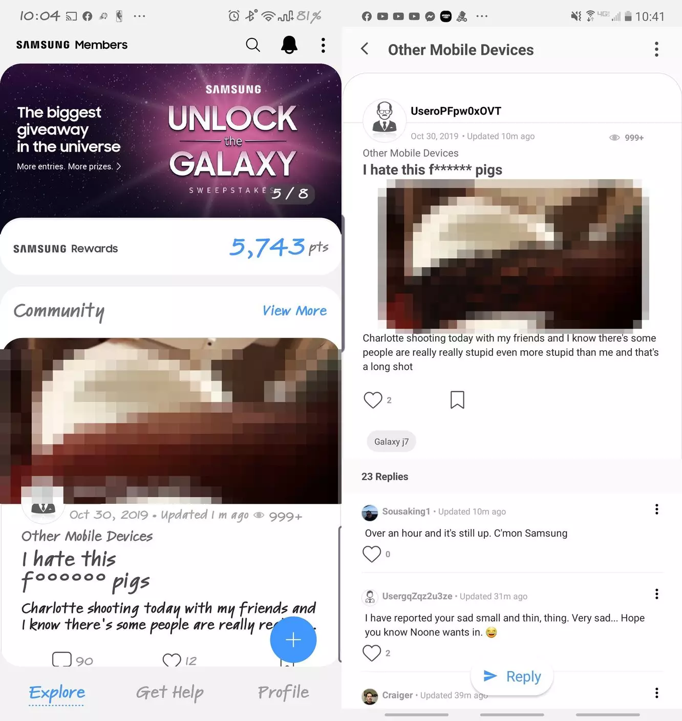 En oidentifierad person lade upp ett foto av en manlig penis på Samsung Members-appen och inlägget hängde på hemsidan i över tre timmar innan det togs bort